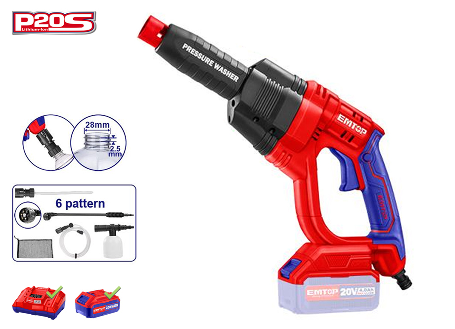 BATTERY HYDRO CLEANER 20V - P20S EMTOP (24.8bar - 2.2 L/min) - (INCLUDES BATTERY 4.0Ah AND ...